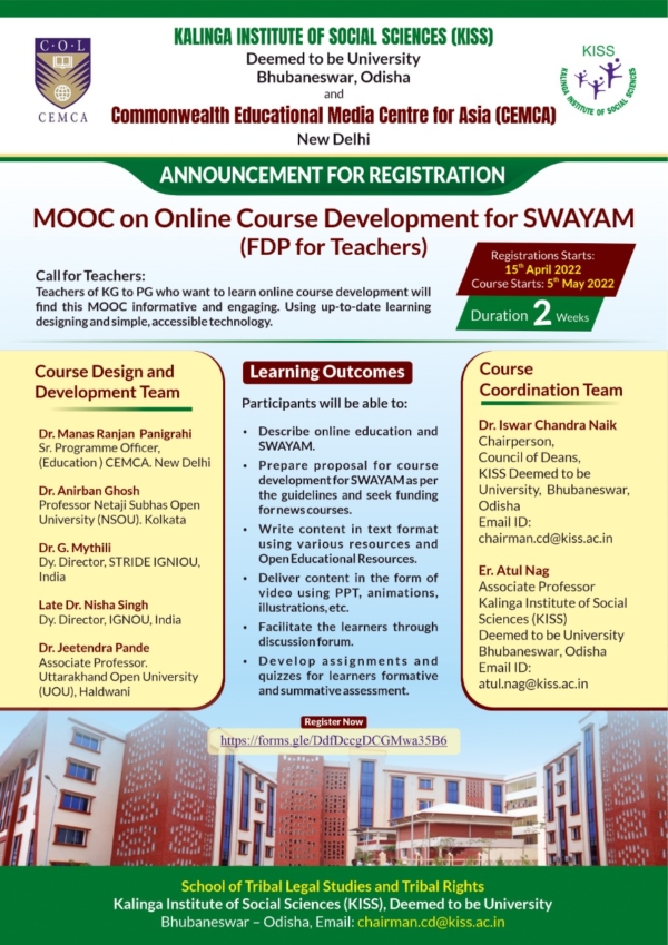 MOOC on Online Course Development for SWAYAM - KISS Deemed to be University
